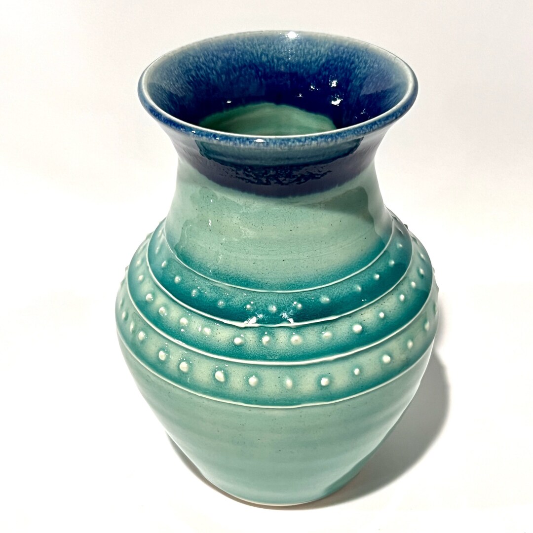 Turquoise Ceramic Vase, Blue Rim, Slip Textured Outside, Handmade - Etsy