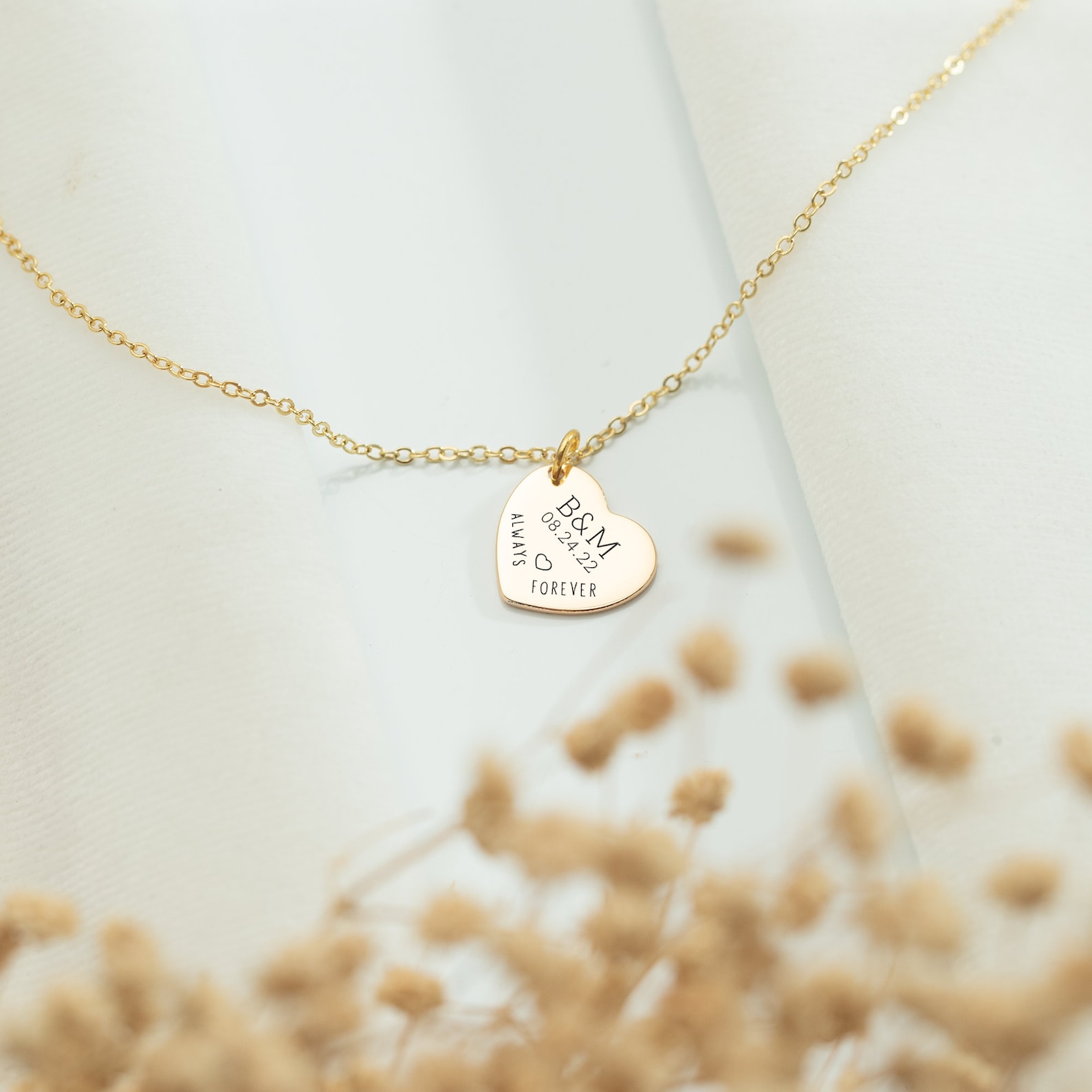 Engraved Gold Heart Necklace, Couples Initials Necklace, Custom Date ...