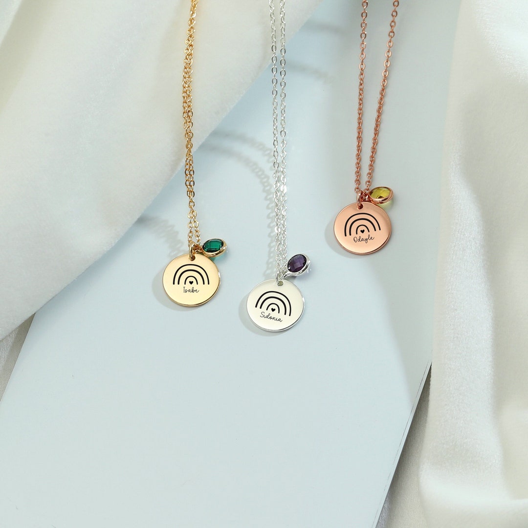 Custom Engraved Rainbow Necklace With Birthstone, Personalized Name ...