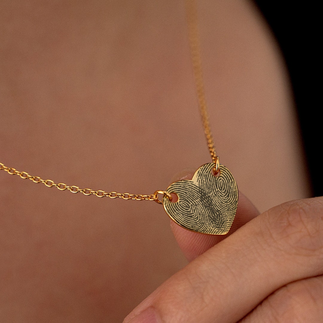 Engraved Double Fingerprint Heart Necklace,actual Fingerprint Necklace ...