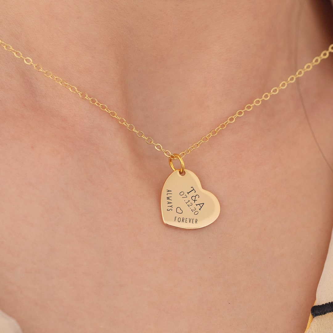 Engraved Gold Heart Necklace, Couples Initials Necklace, Custom Date ...