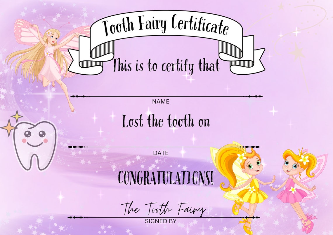 Tooth Fairy Printable Certificate for Girls - Etsy