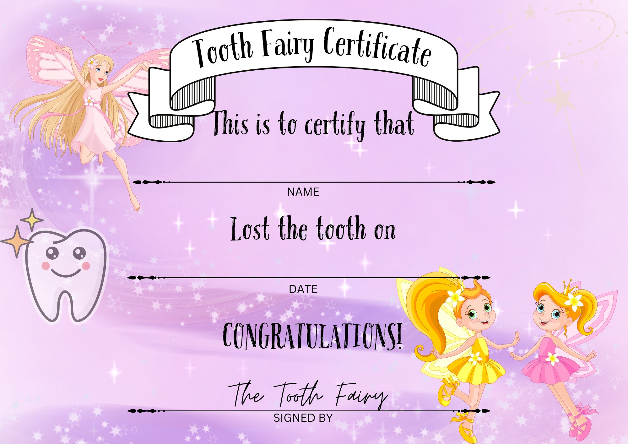 Tooth Fairy Printable Certificate For Girls Etsy