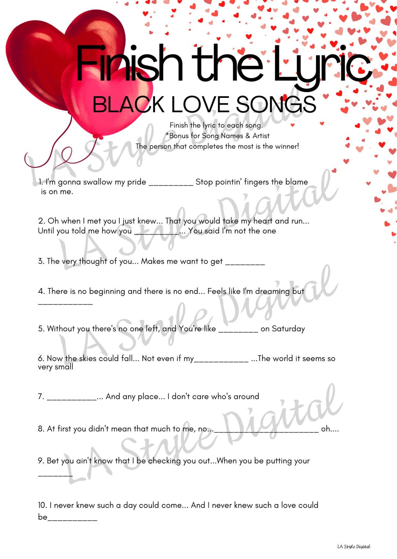 Finish the Lyric: Rnb Game | Printable Digital Download | Fun Music ...