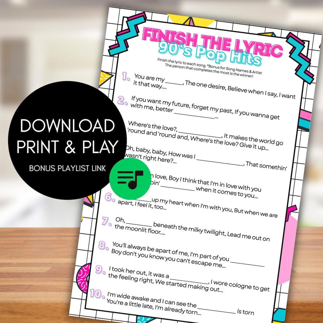 Finish the Lyrics - 90's Pop Hits | Printable Party Game | Instant ...