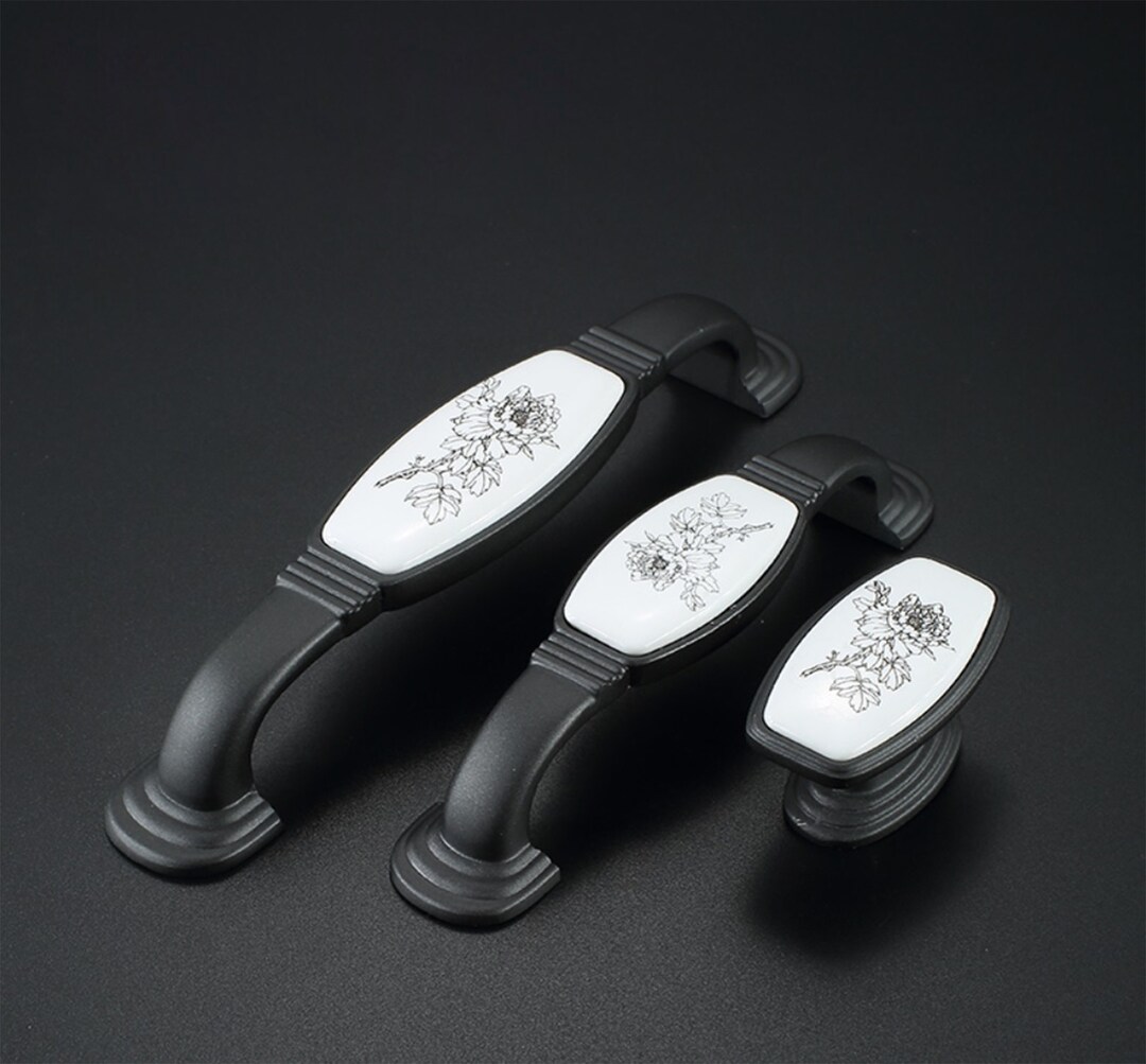 3.78" 5" Black White Ceramic Drawing Kitchen Drawer Knobs Pulls Asian ...