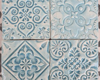 Set of 4 Turquoise Ceramic Tiles - Etsy
