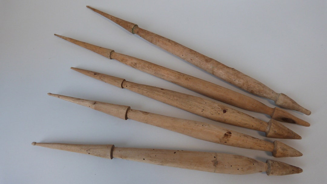 Set of 5 Spindles, Weaving Tool, Hand Spinning Wool, Antique Wooden ...
