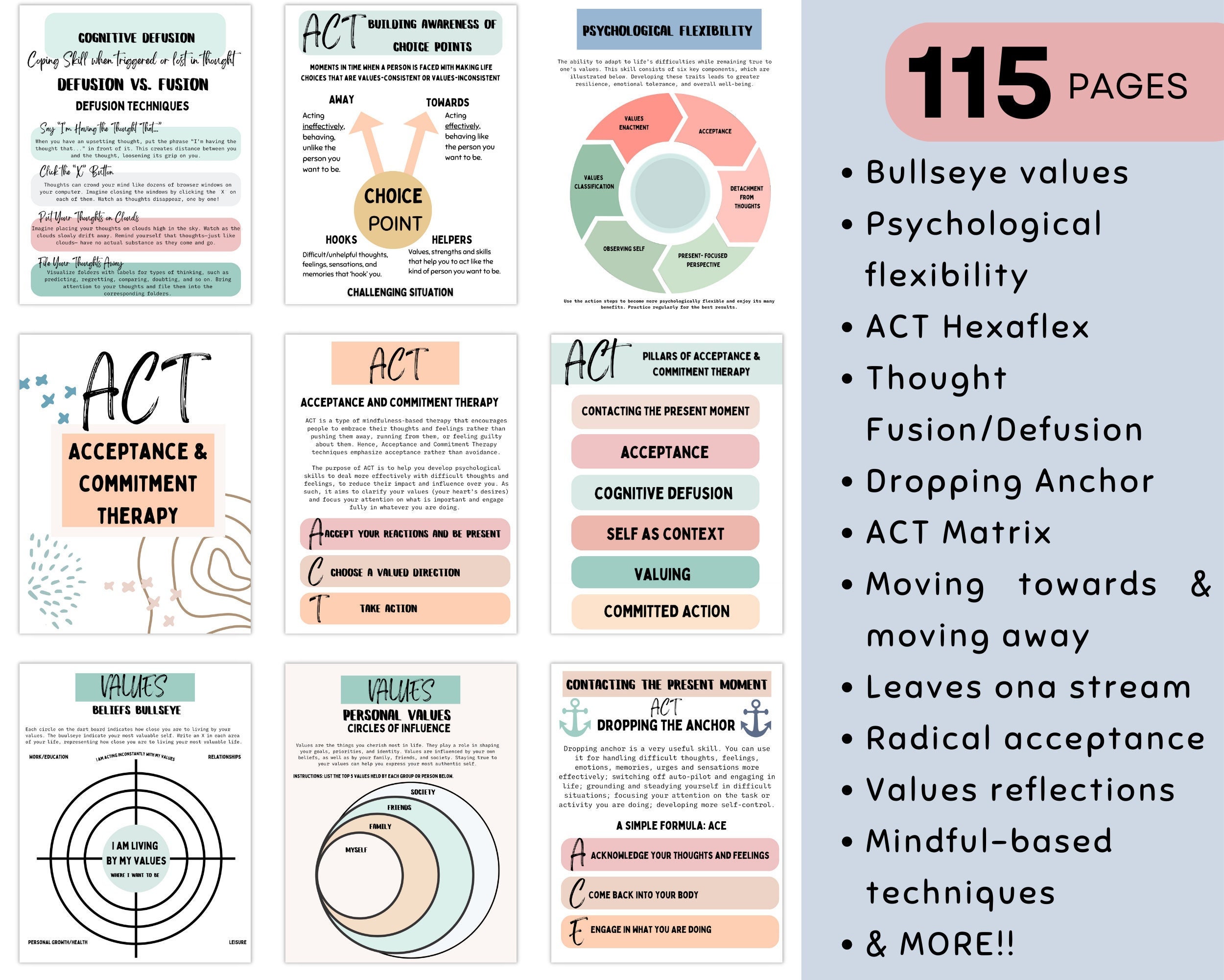 ACT Worksheet Bundle, Acceptance and Commitment Therapy, ACT Metaphors ...