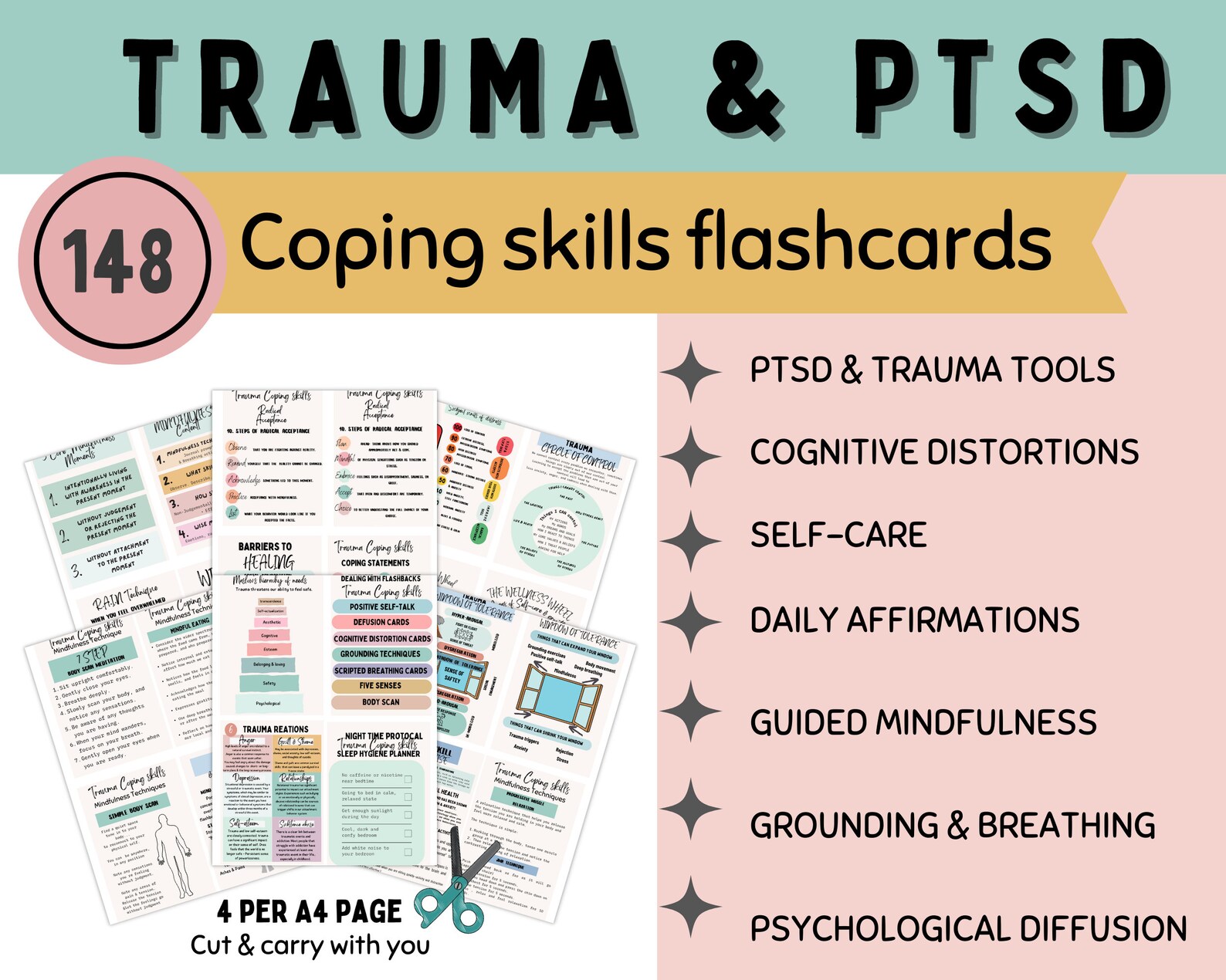 Trauma Therapy Flashcards, PTSD Coping Skills Cards, Anxiety Relief ...