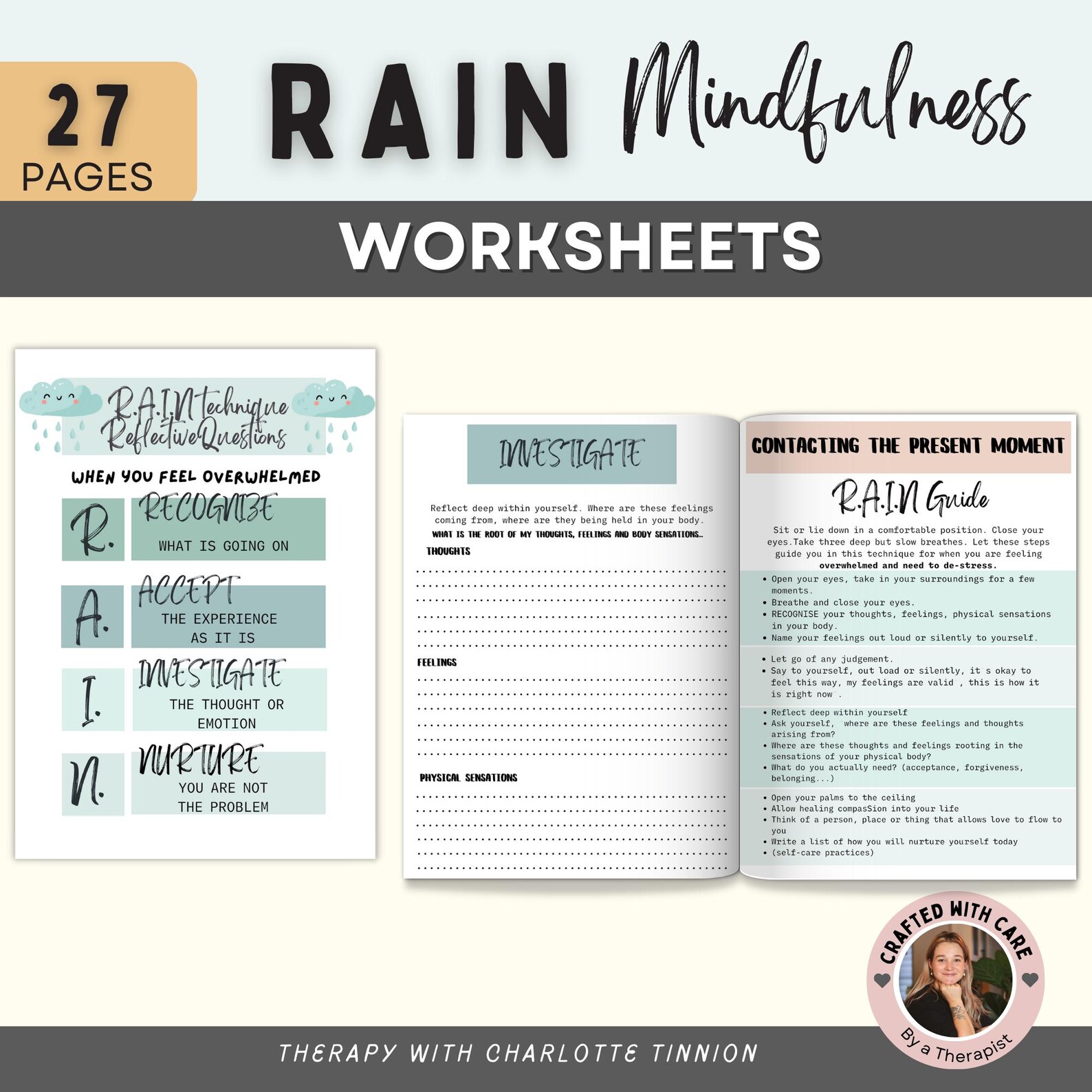 RAIN Technique Mindfulness Worksheets, DBT, Anxiety Relief (27-page) - Etsy
