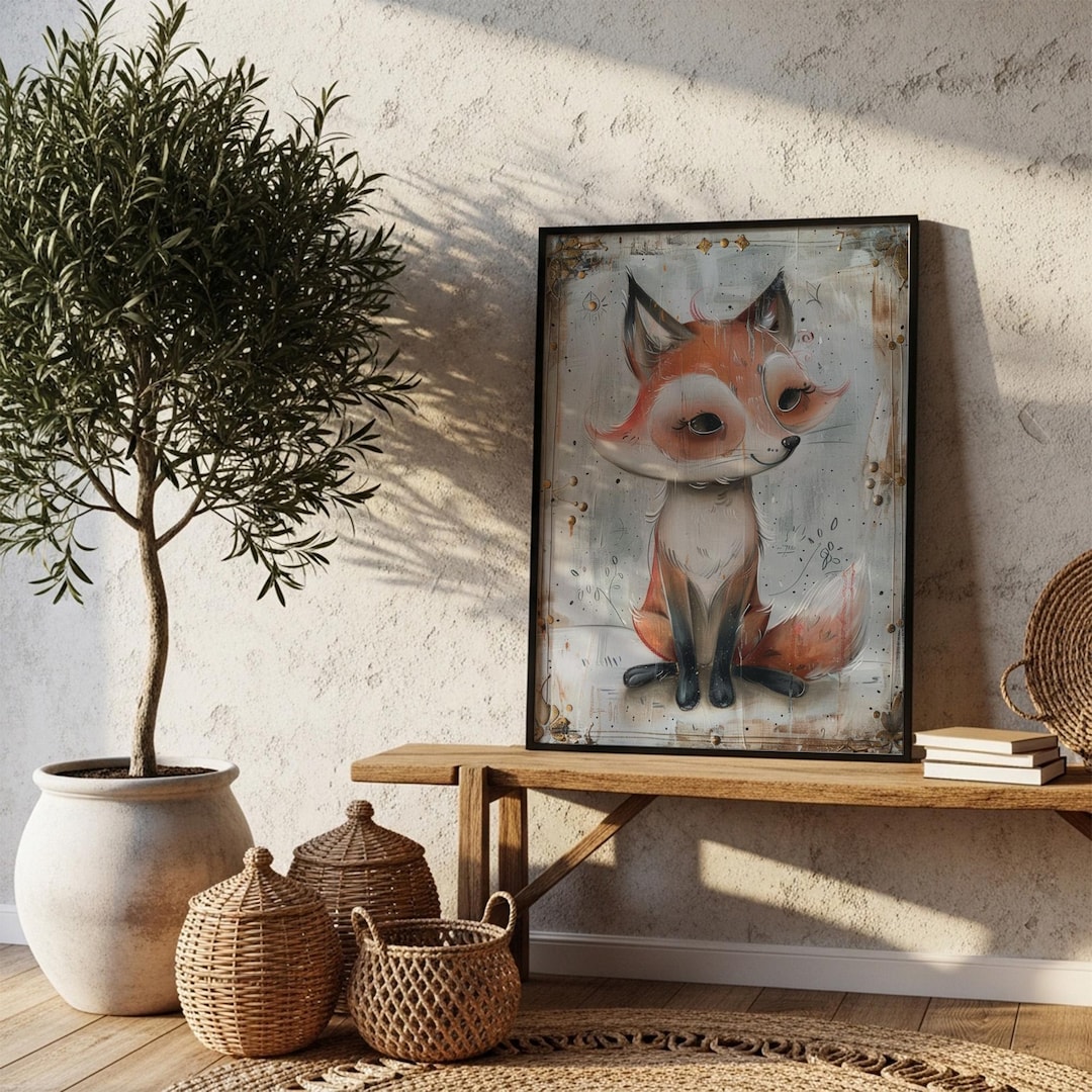 Whimsical Fox Wall Art, Cute Animal Portrait Print, Vintage Textured ...