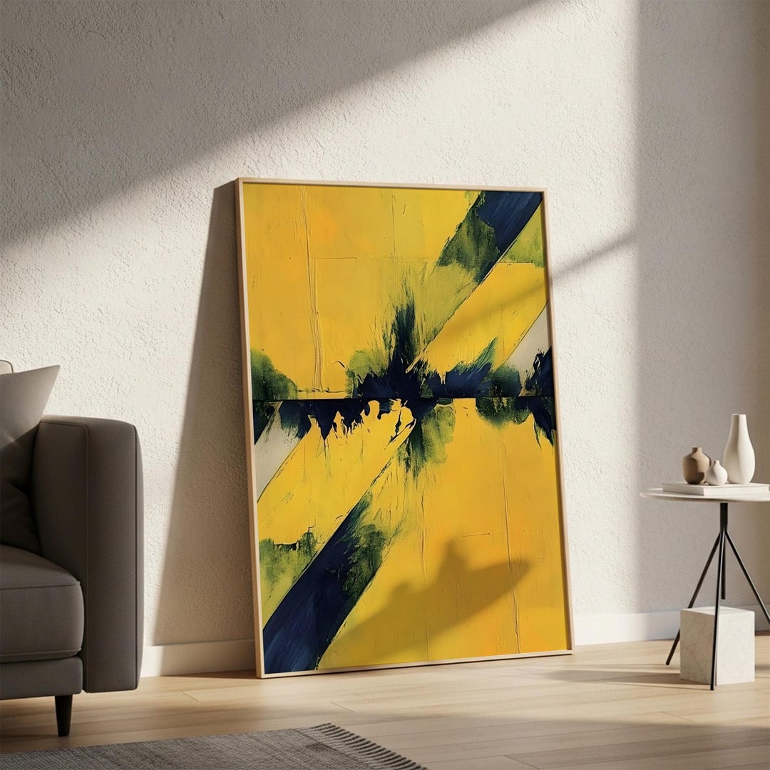 High Contrast Abstract Art Print, Bold Yellow and Navy Modern Wall ...