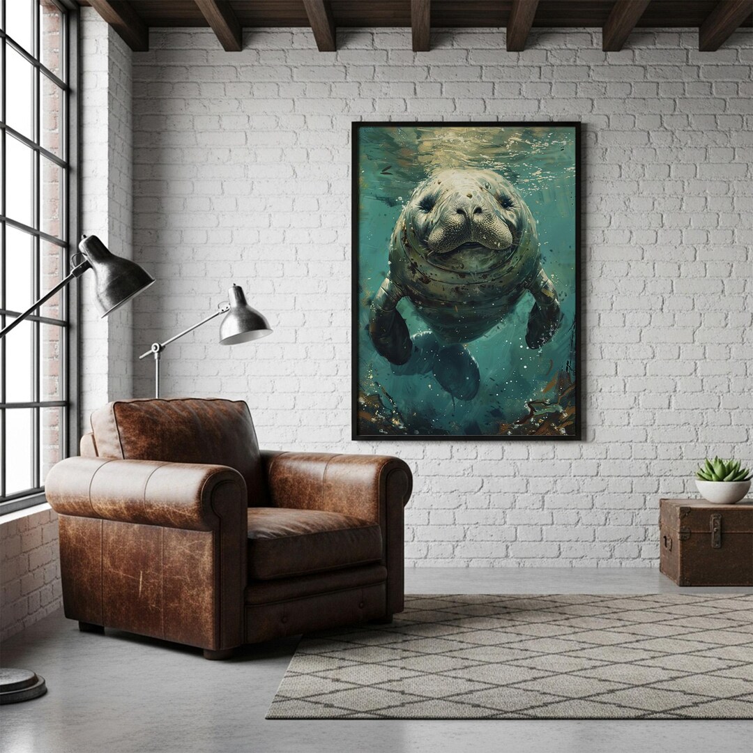 Vintage Manatee Art Print, Ocean Sea Cow Illustration, Nautical Deep ...