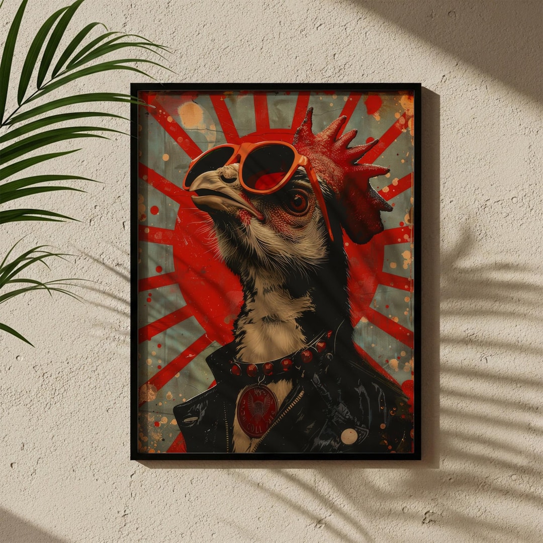 Cool Rooster Pop Art Print, Biker Chicken Wall Art, Vintage Animal ...