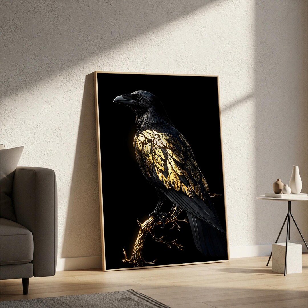 Golden Raven Art Print, Maximalist Black and Gold Wall Decor, Dark ...