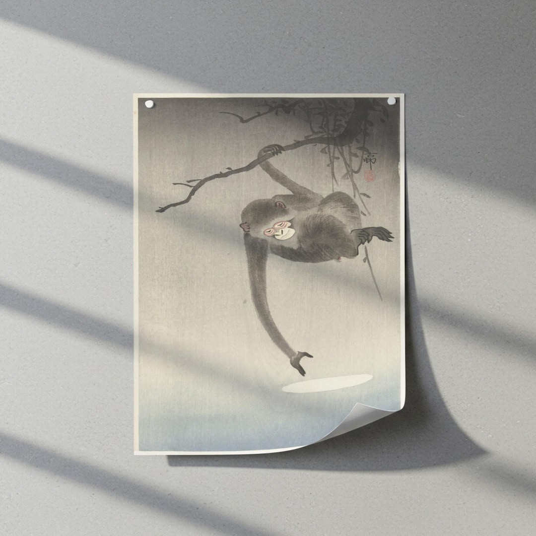 Vintage Japanese Woodblock Print, Monkey Reaching for Moon Art, Antique ...
