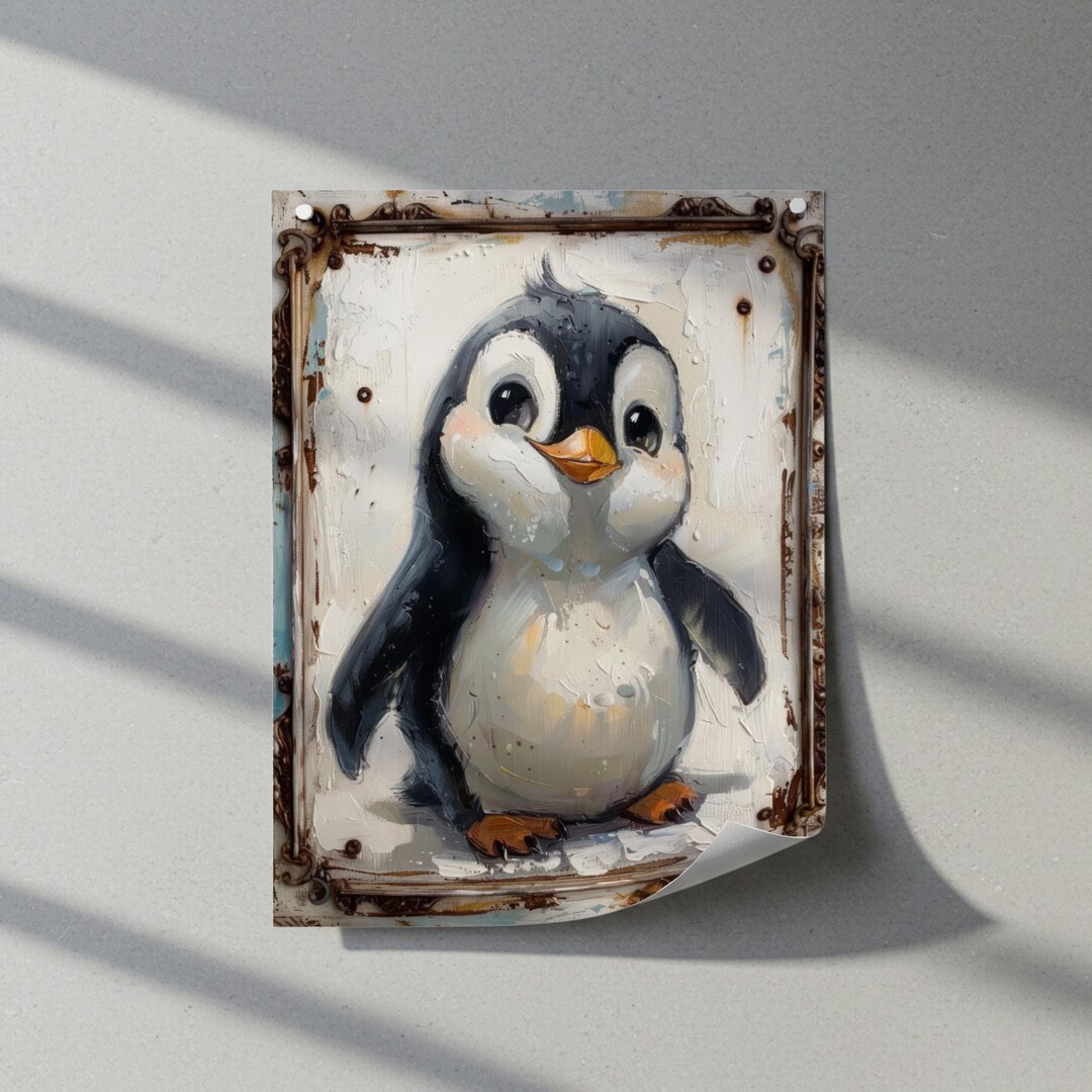 Cute Baby Penguin Art Print, Whimsical Animal Wall Decor, Vintage Oil ...
