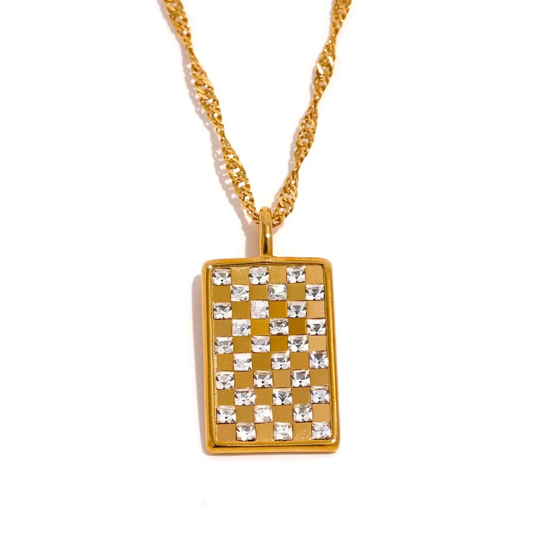 Checkered Necklace, 18K GOLD Square Rectangle Bar Necklace, Cubic ...