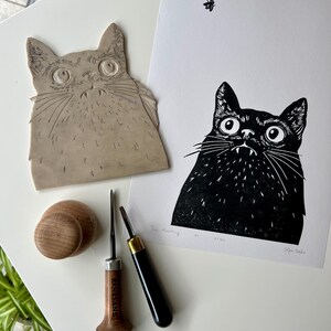 Black Cat Linocut Print, Hunting Fly Art, Signed Handmade Artwork - Etsy