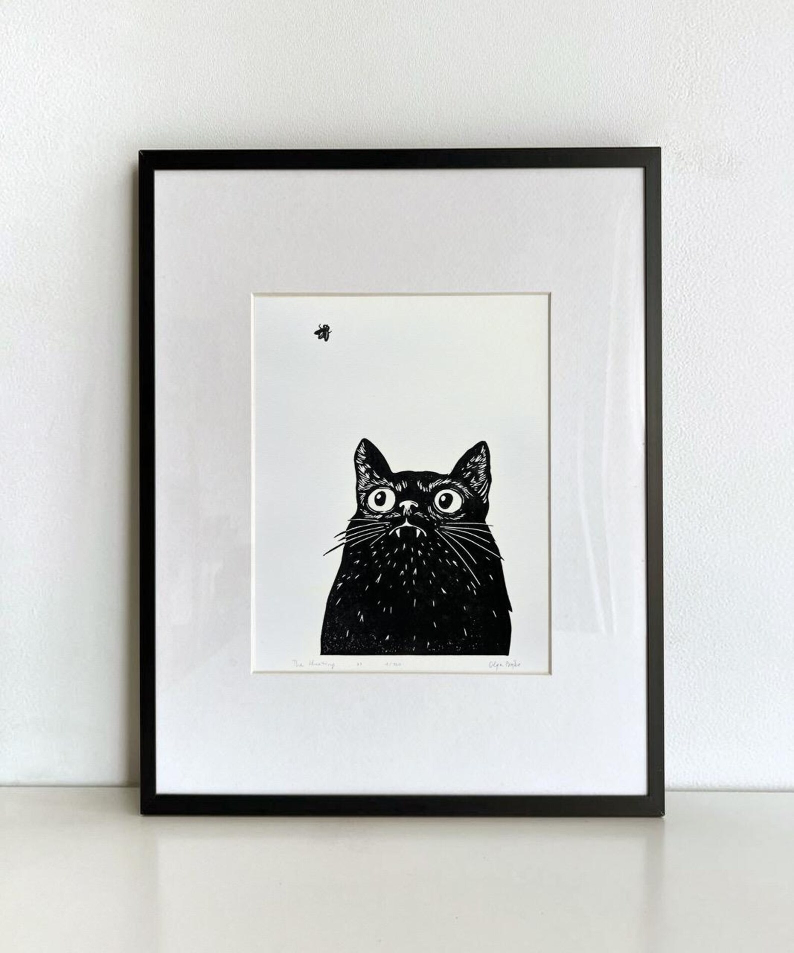 Black Cat Linocut Print, Hunting Fly Art, Signed Handmade Artwork - Etsy