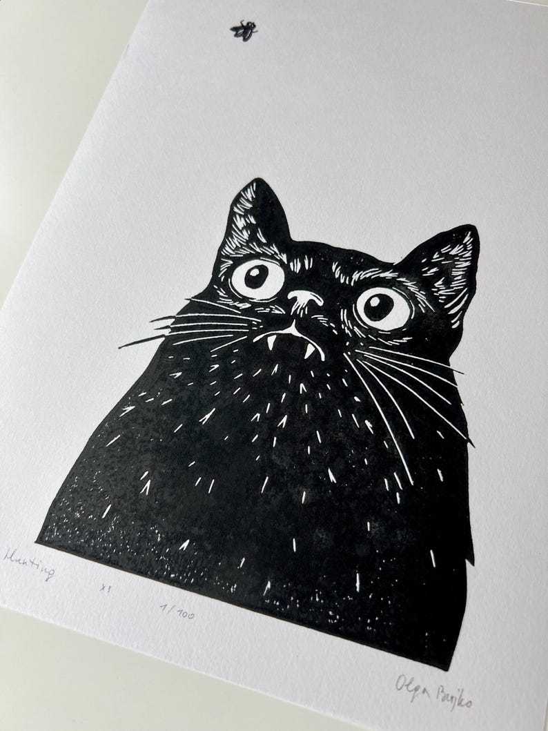 Black Cat Linocut Print, Hunting Fly Art, Signed Handmade Artwork - Etsy