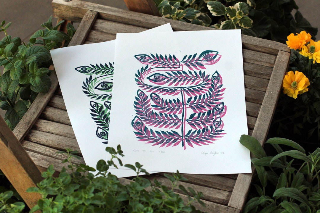 Handmade Linocut Print, Eyes and Leaves Botanical Art, A4 Signed ...