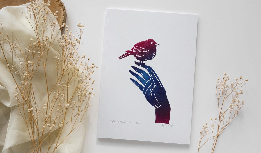 Linoldruck Vogel in der Hand, Original handgeschnitzter Linolschnitt ...