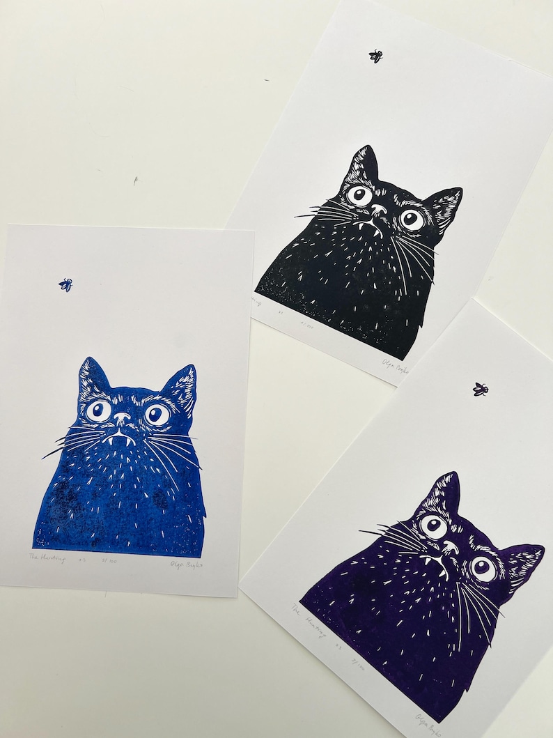 Black Cat Linocut Print, Hunting Fly Art, Signed Handmade Artwork - Etsy