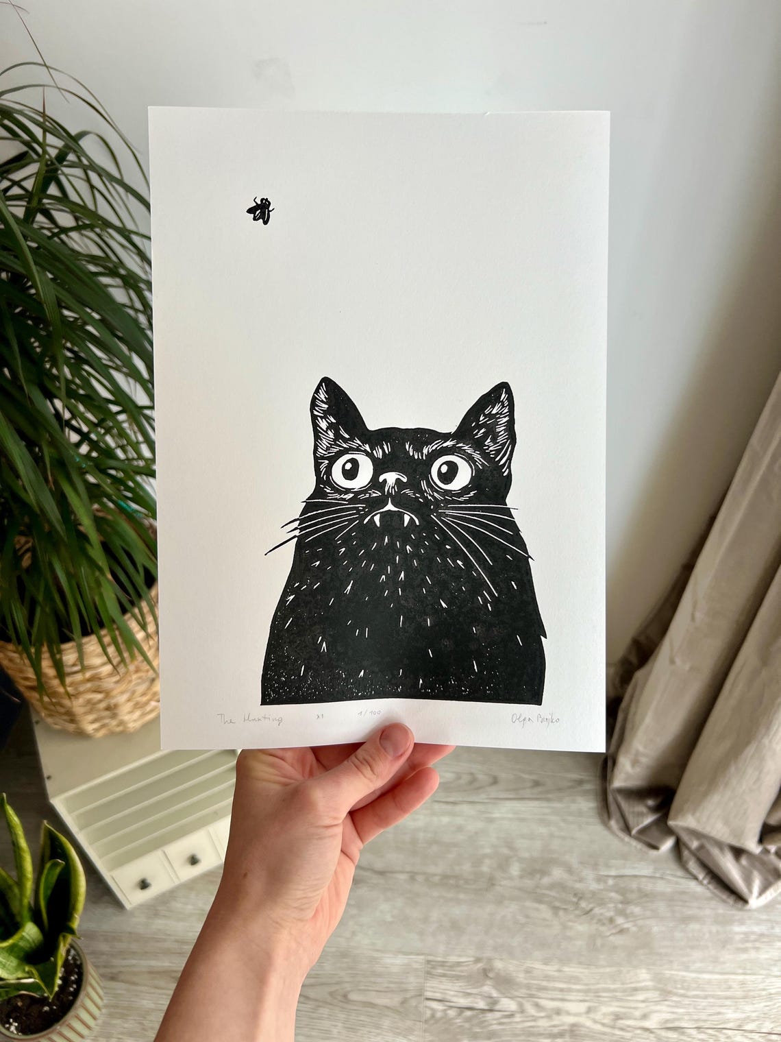 Black Cat Linocut Print, Hunting Fly Art, Signed Handmade Artwork - Etsy