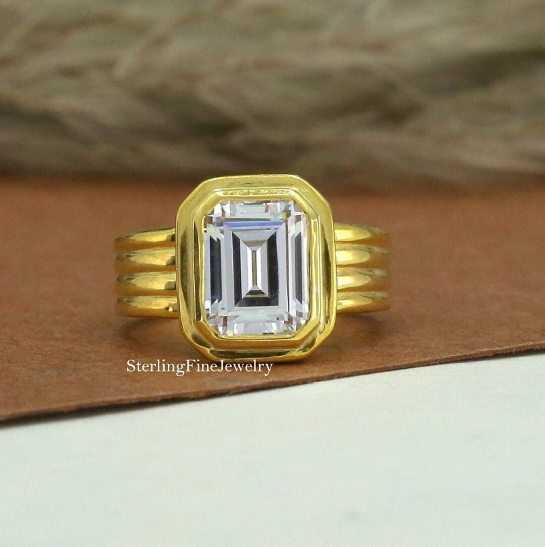 18K Yellow Gold Men's Ring, 2.50CT Emerald Cut Moissanite Diamond ...