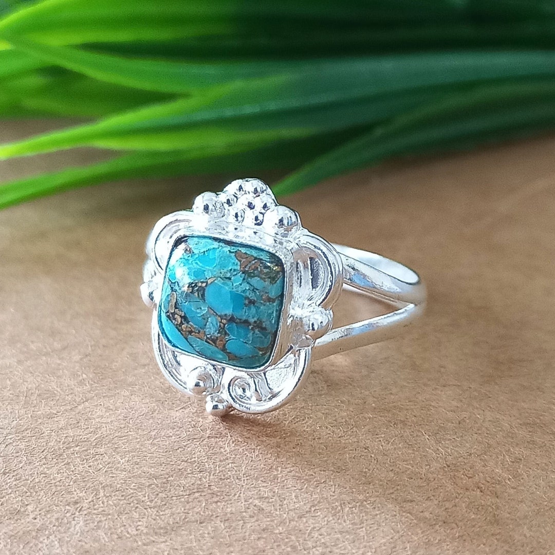 925 Sterling Silver Cushion Turquoise Ring, Natural Blue Copper ...