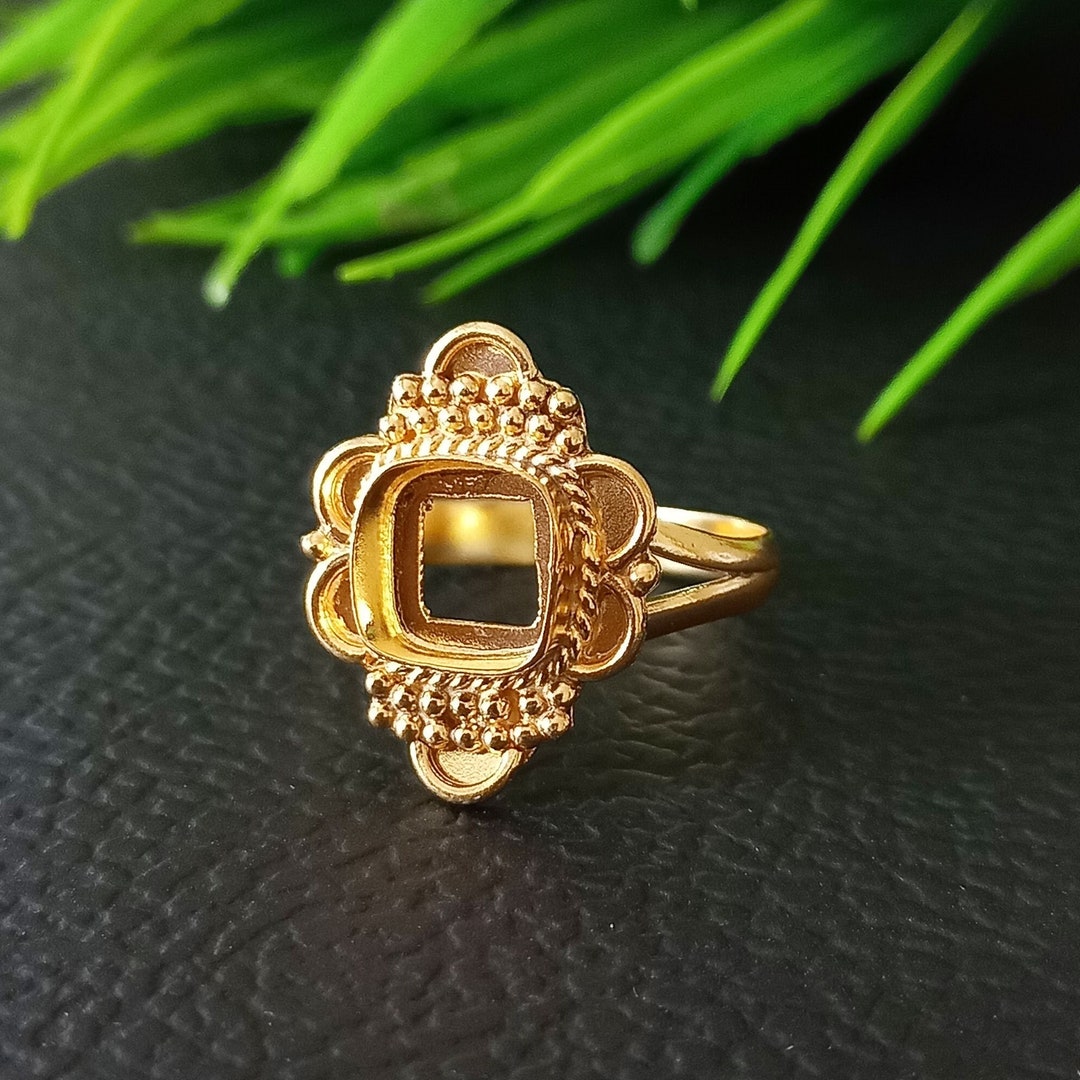 925 Sterling Silver Collet Ring, Gold Plated New Design Cushion Open ...