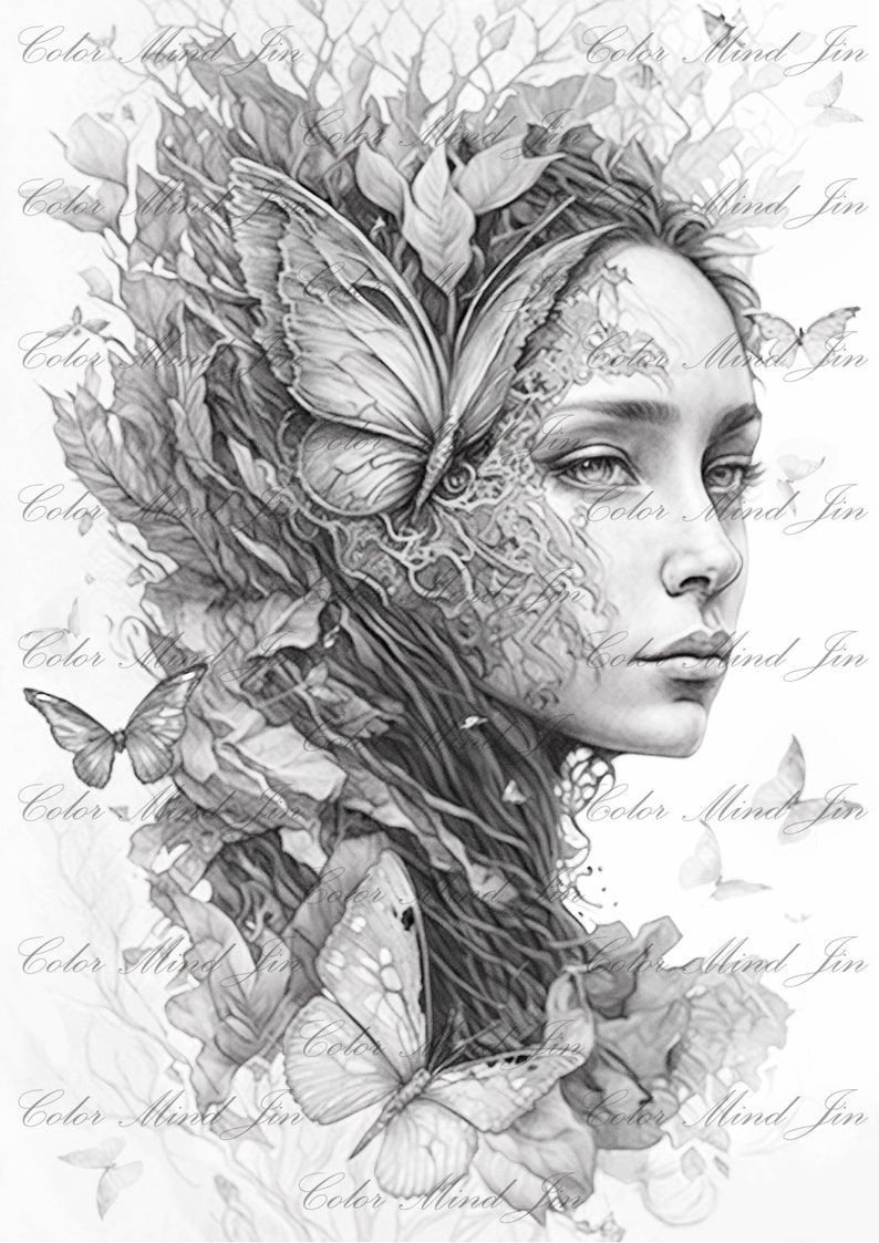 Dark Moody Grayscale Adults Coloringbook Butterfly Fairies Ditigal ...