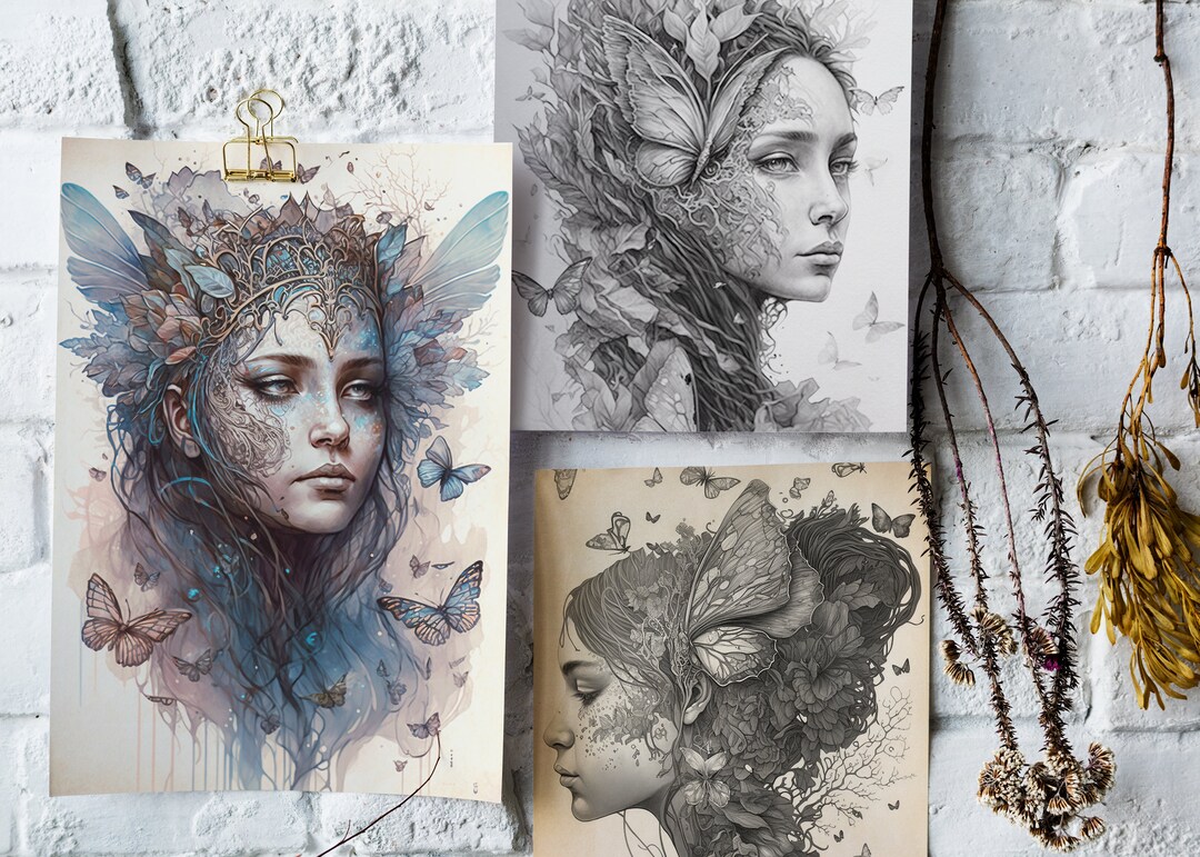 Dark Moody Grayscale Adults Coloringbook Butterfly Fairies Ditigal ...