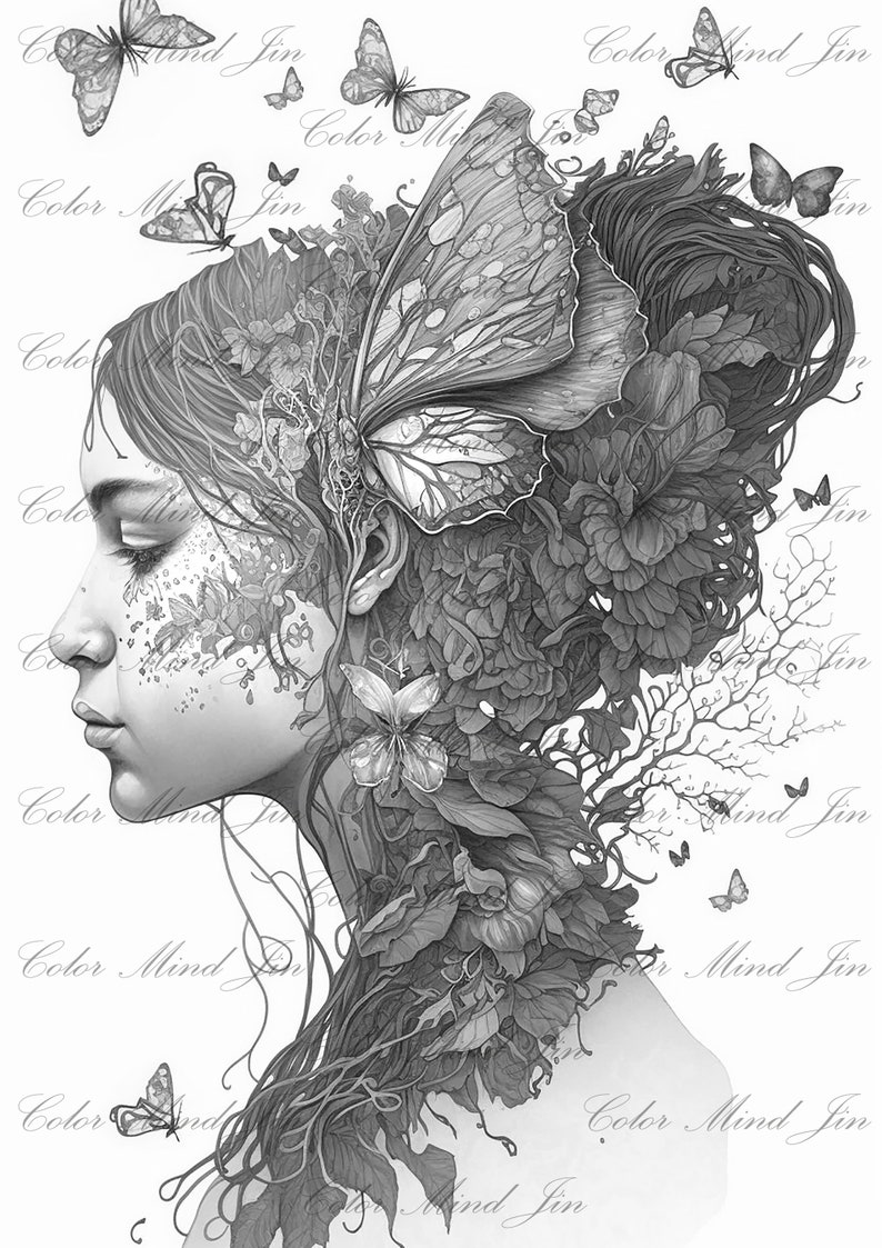 Dark Moody Grayscale Adults Coloringbook Butterfly Fairies Ditigal ...