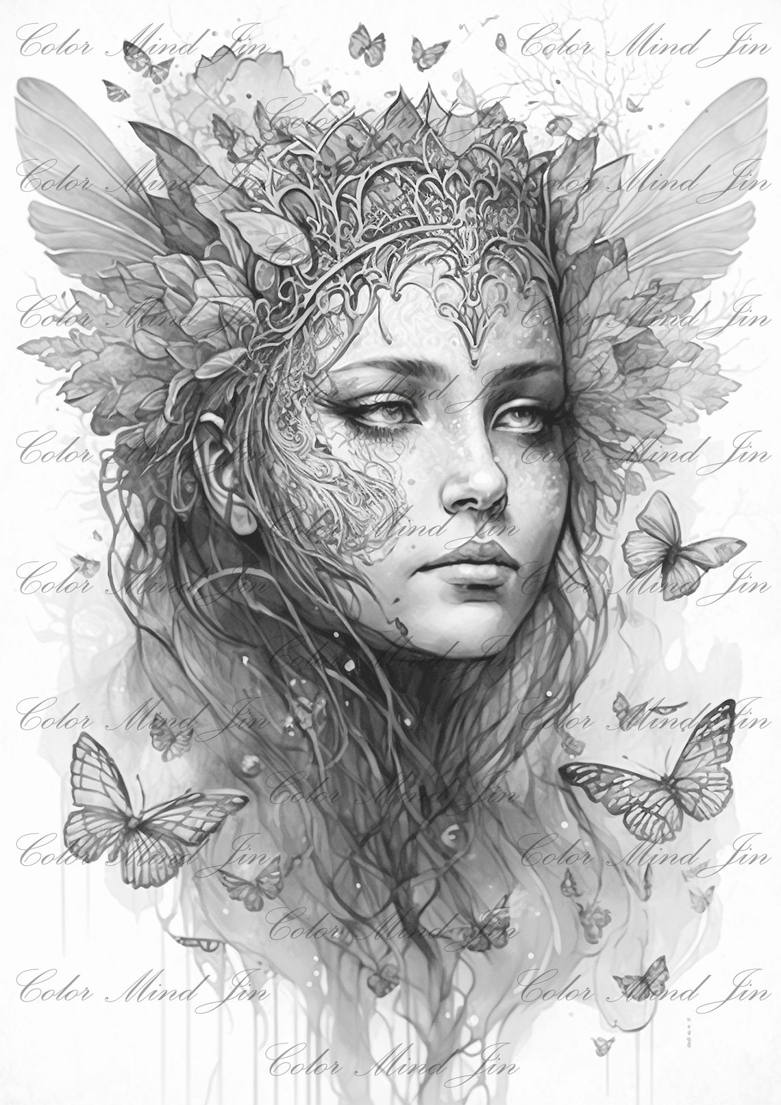 Dark Moody Grayscale Adults Coloringbook Butterfly Fairies Ditigal ...