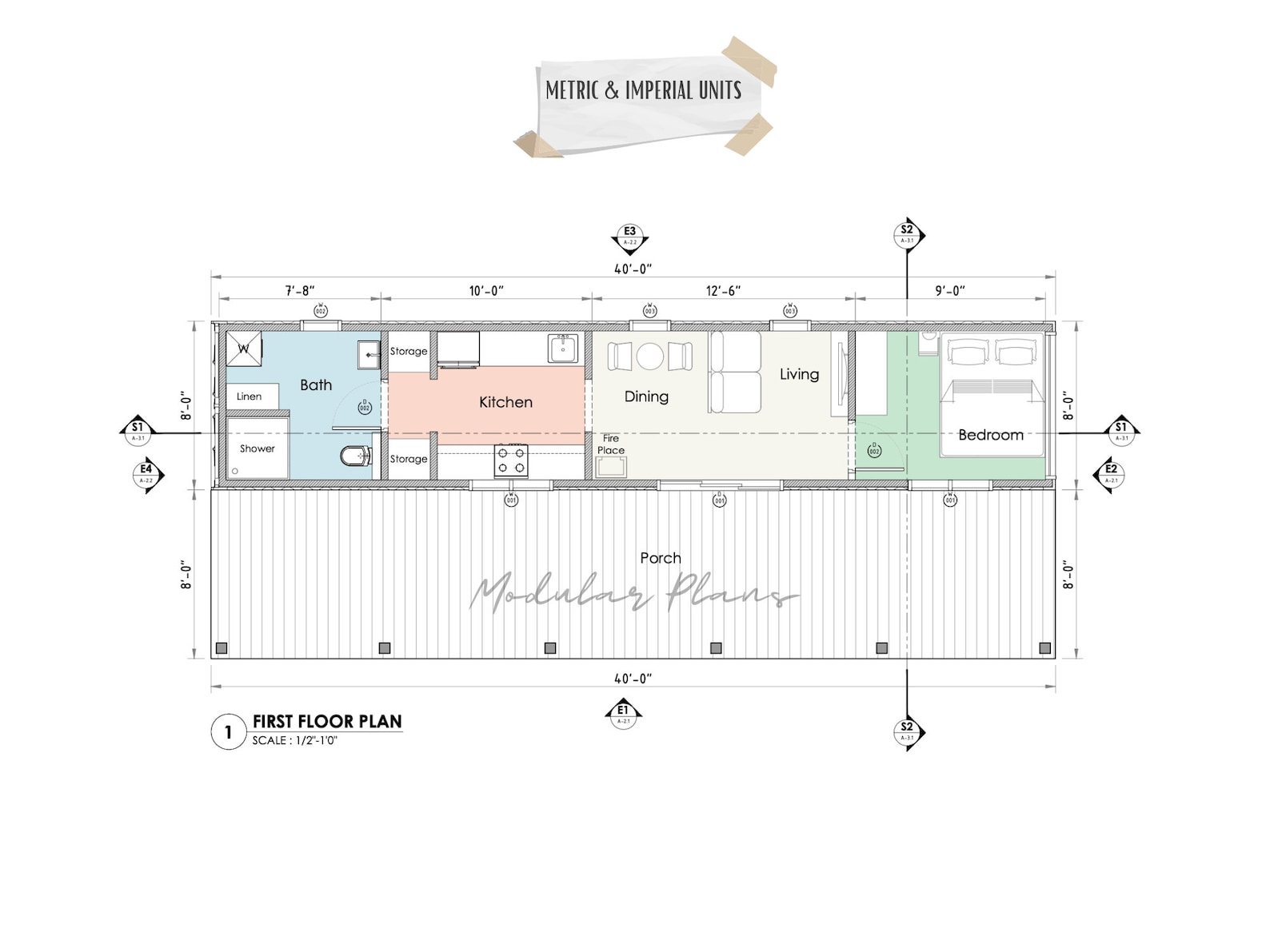 40' Container Home Plans - Full Set Architectural Plans - 360SF Modular ...