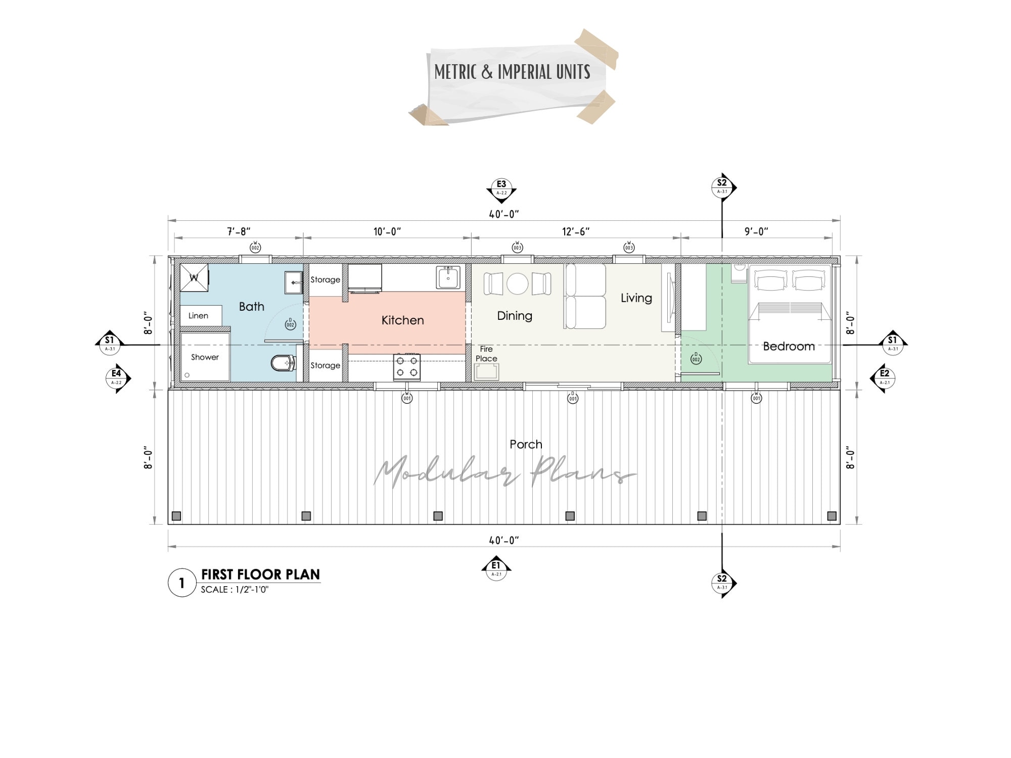 40' Container Home Plans - Full Set Architectural Plans - 360SF Modular ...