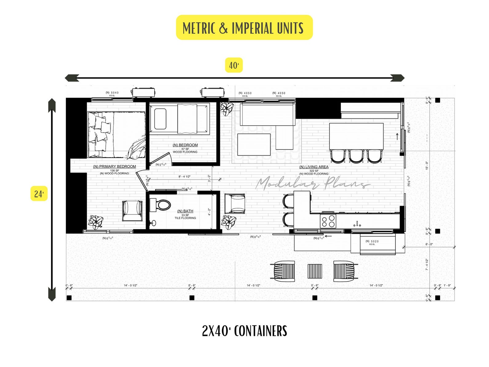 2x40 Container Home Plans - 2 Bed Floor Plans - 640SF Container Home ...