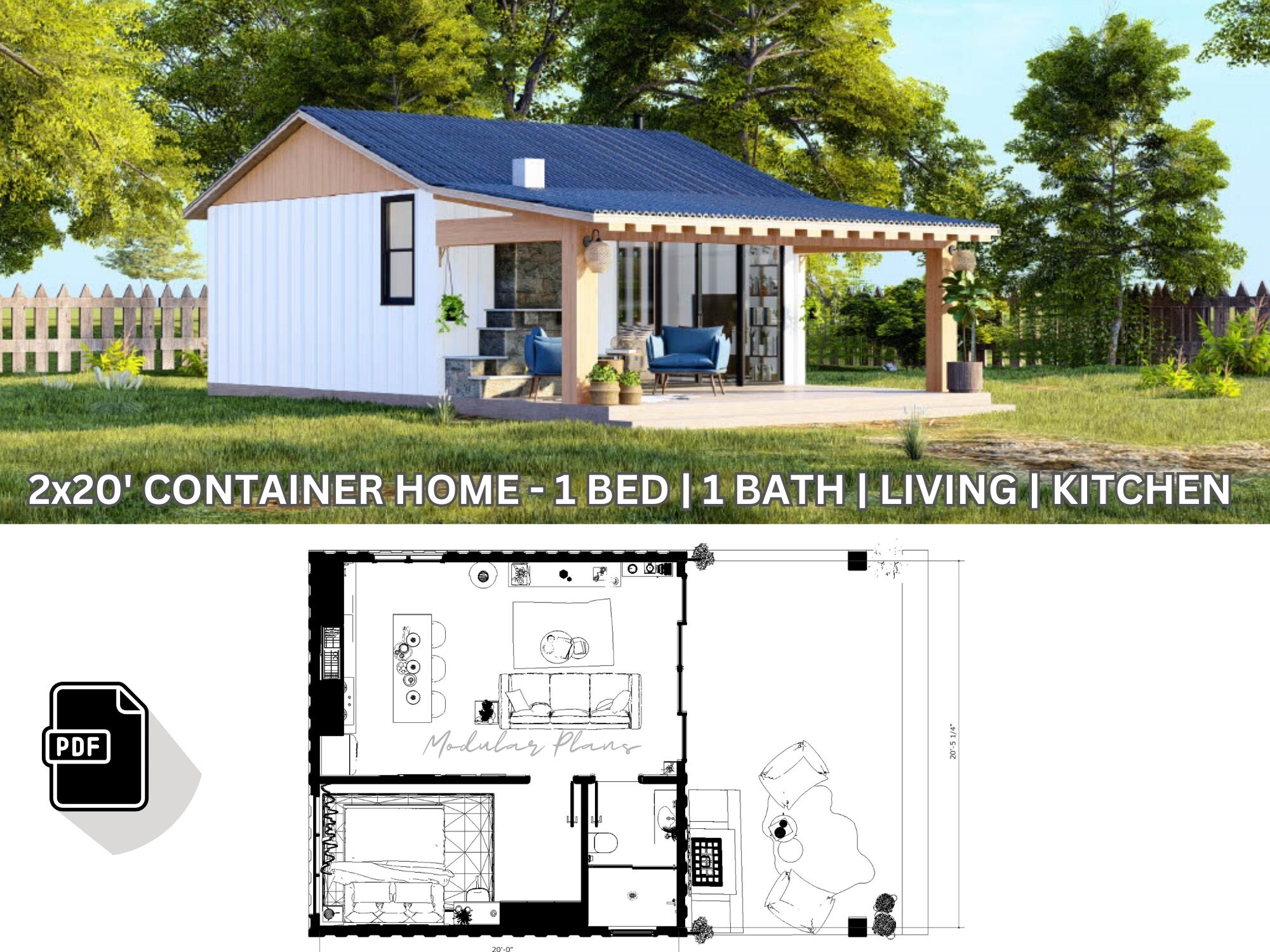 2x20' Container Home Plans Permit Set Architectural Floor Plans 320SF ...