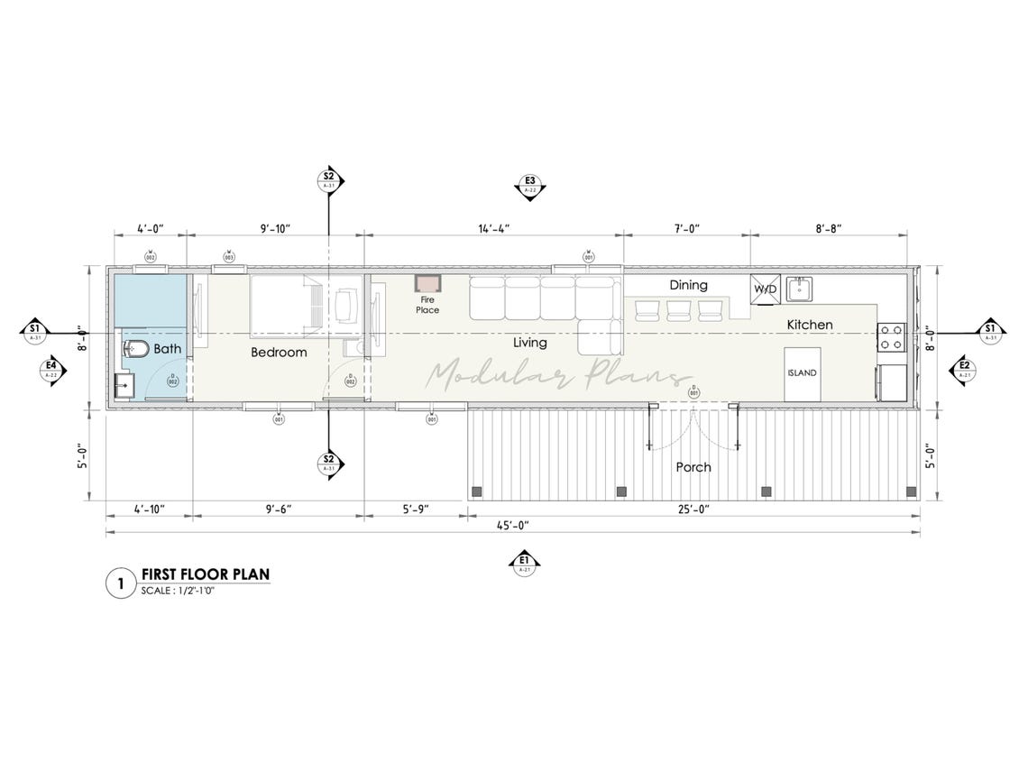 40' Container Home Blueprints | 1 Bed Container Home Plans | 320SF ...