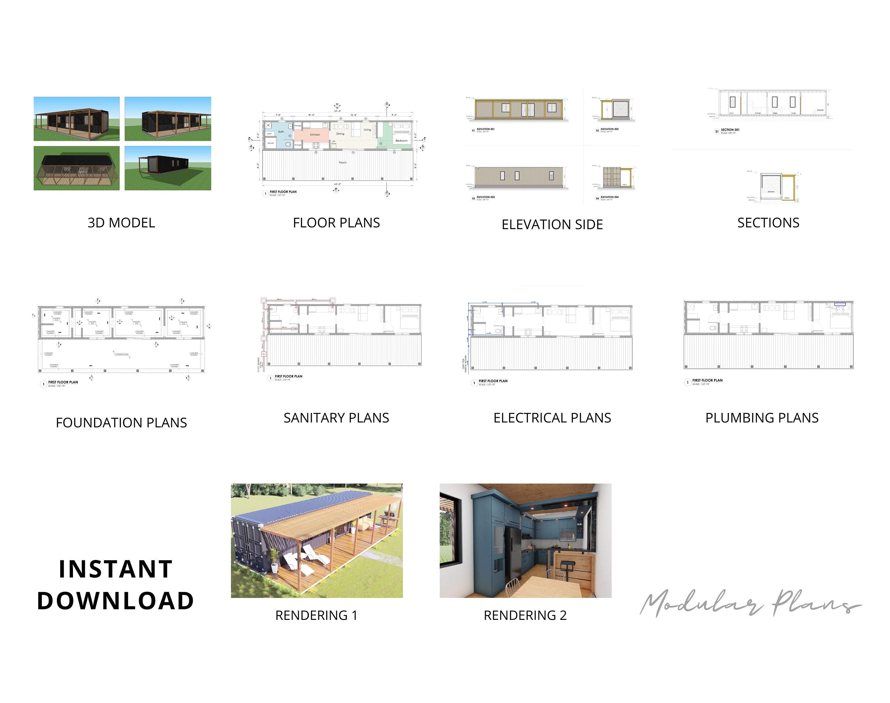 40' Container Home Plans - Full Set Architectural Plans - 360SF Modular ...