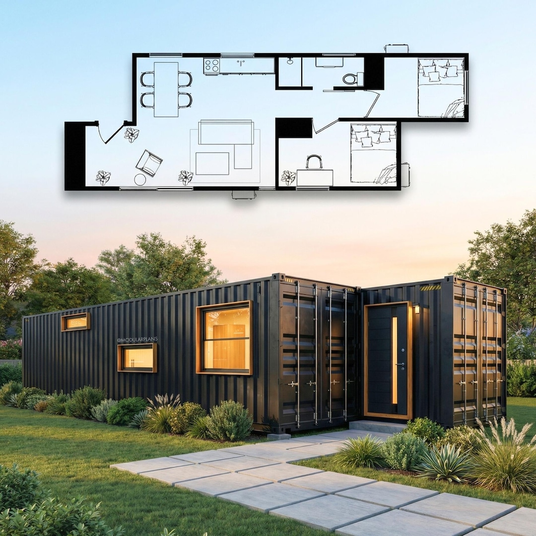 2 X 40ft Container Home Plans | 2 Bed 1 Bath Container House Plans ...