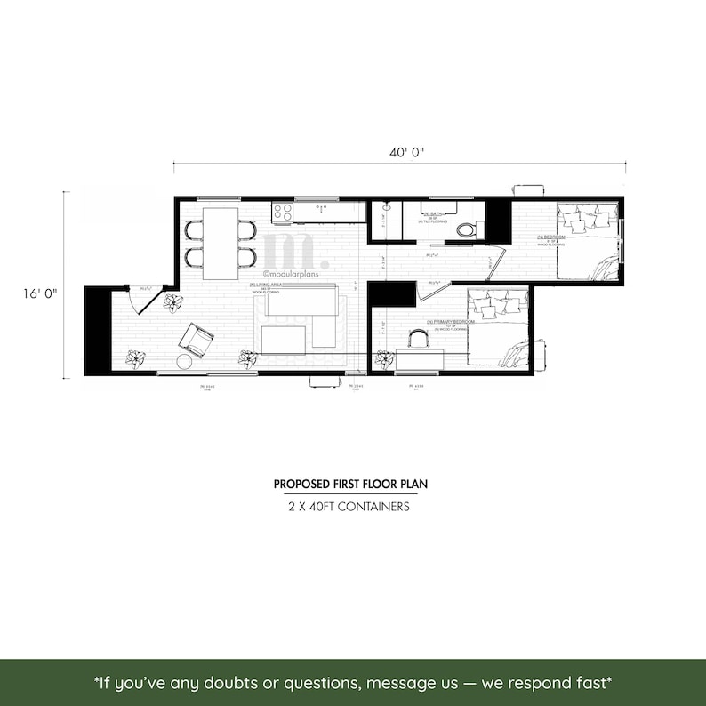2 X 40ft Container Home Plans | 2 Bed 1 Bath Container House Plans ...