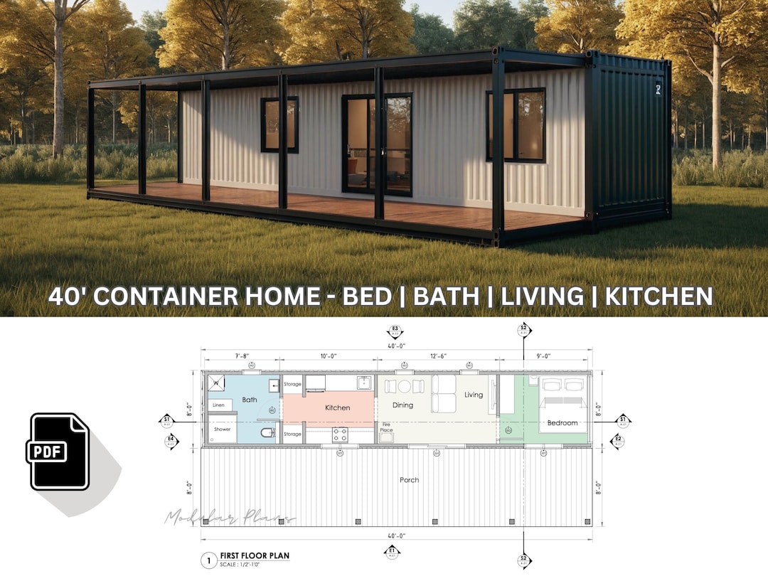 40' Container Home Plans - Full Set Architectural Plans - 360SF Modular ...