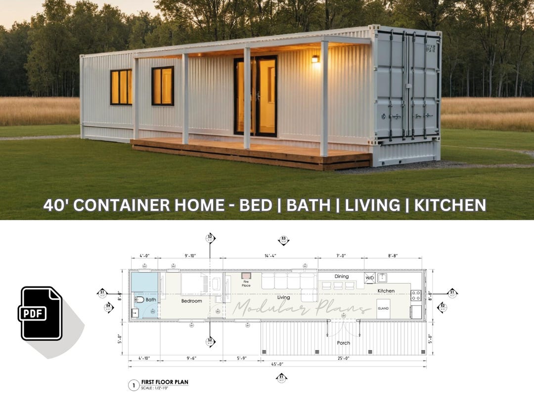 40' Container Home Blueprints | 1 Bed Container Home Plans | 320SF ...