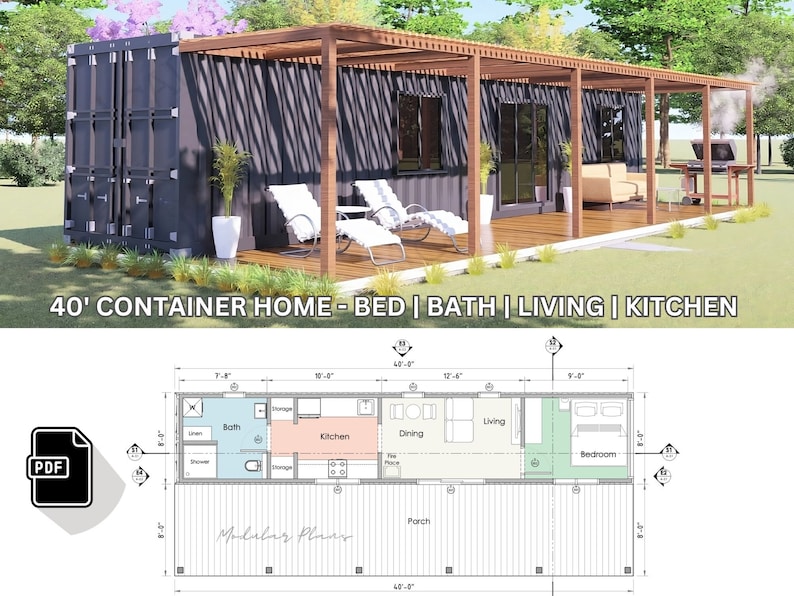 40' Container Home Plans Full Set Architectural Plans 360SF Modular ...