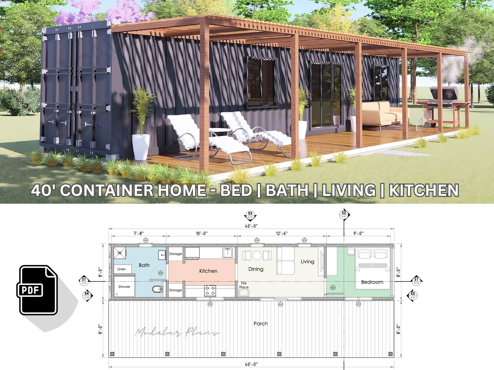 40' Container Home Plans Full Set Architectural Plans 360SF Modular ...