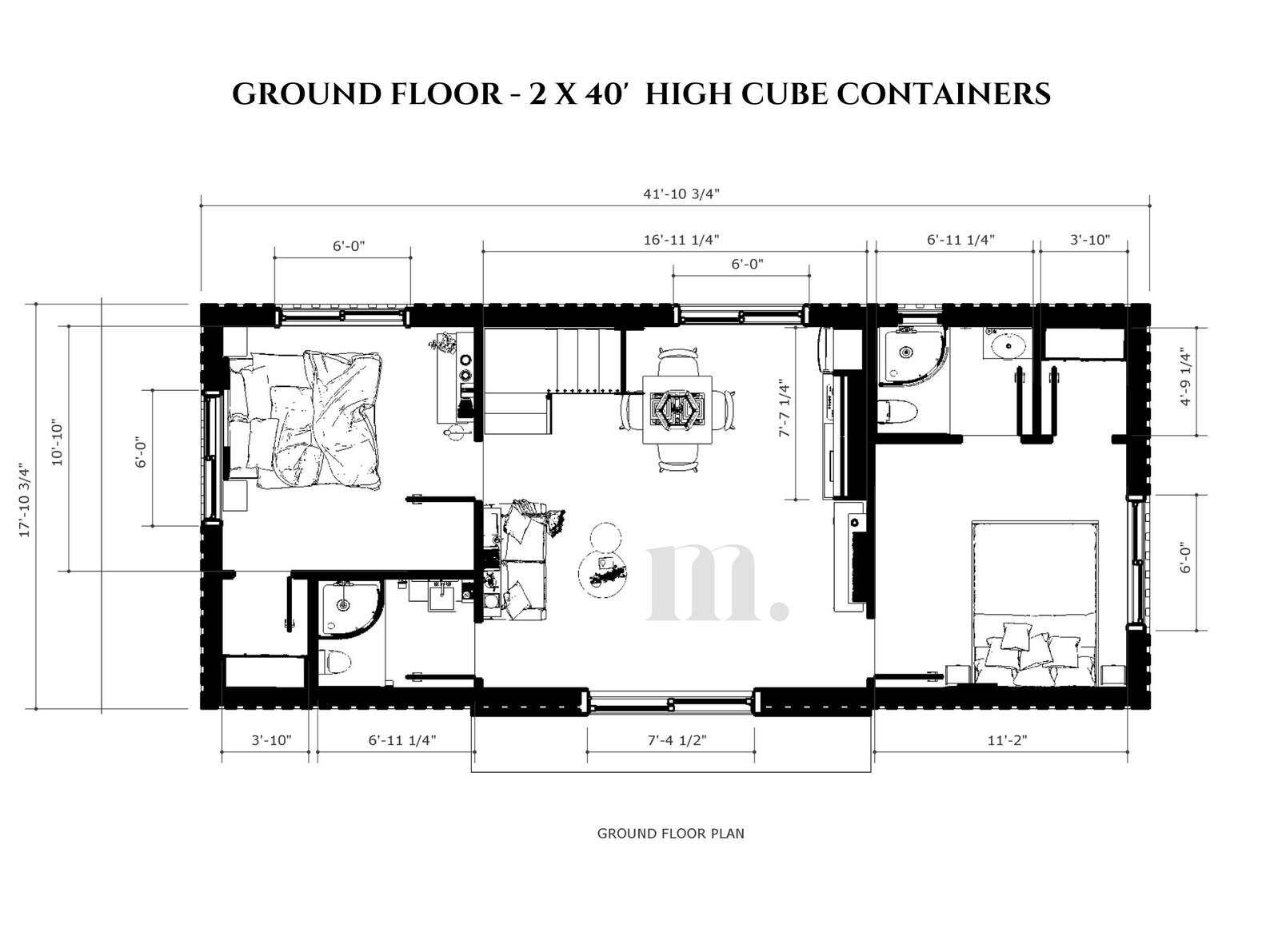 3x40' Container Home Plans | 2 Bed Container Home | Container House ...